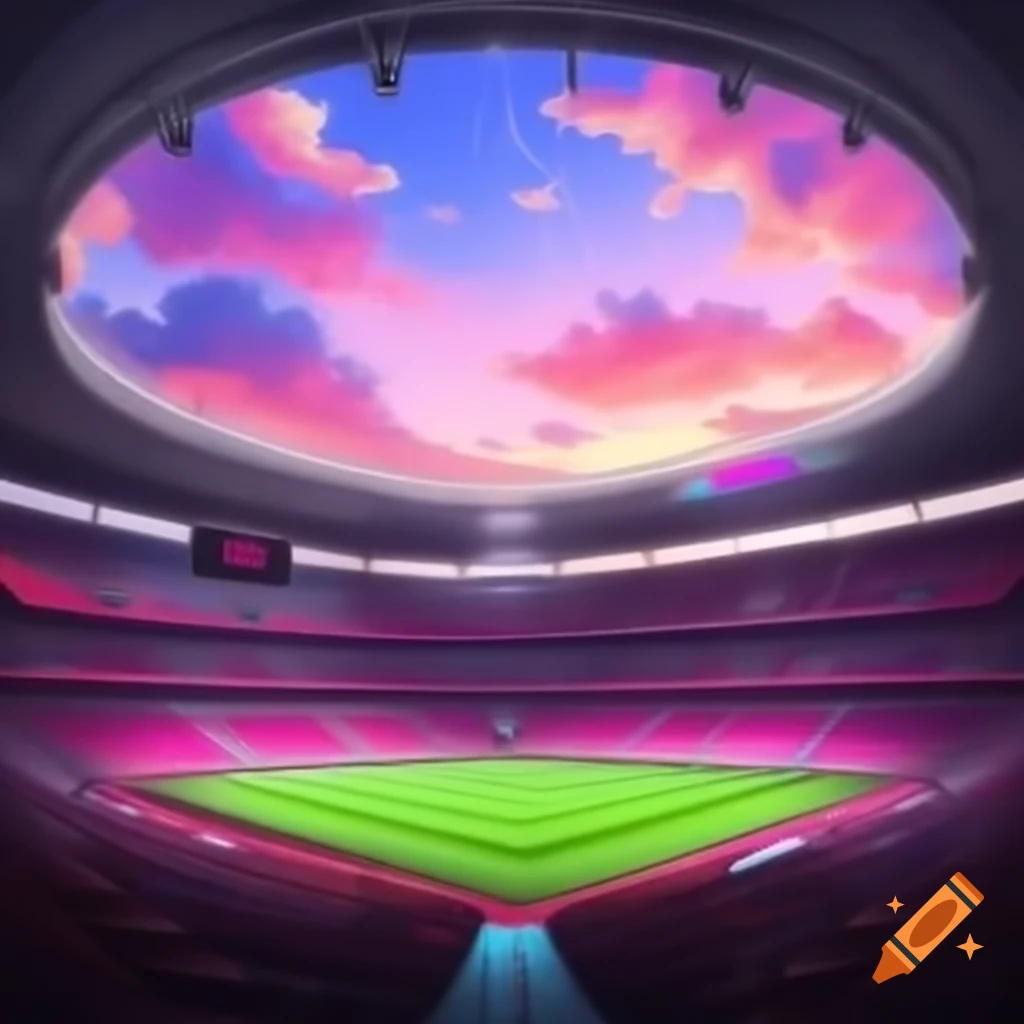 Aerial view of pink flower-shaped football stadium in pastel colors on ...