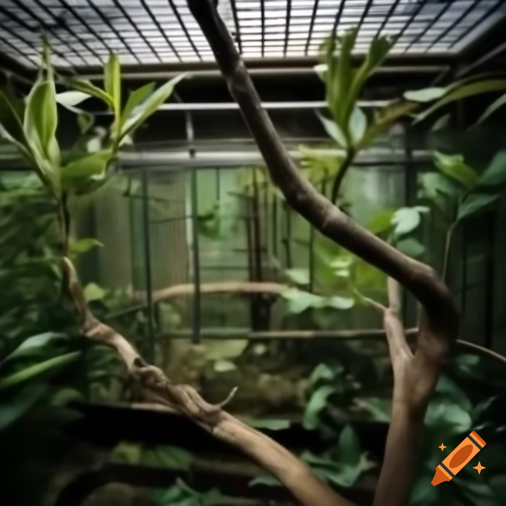 Spacious aviary decorated with tree branch, ready for birds on Craiyon