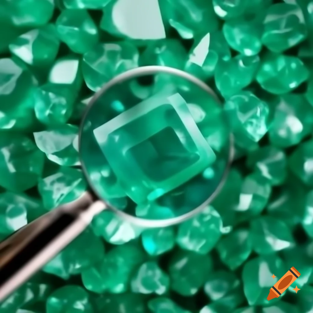 Magnifying glass and tweezers examining emerald-shaped crystals on Craiyon