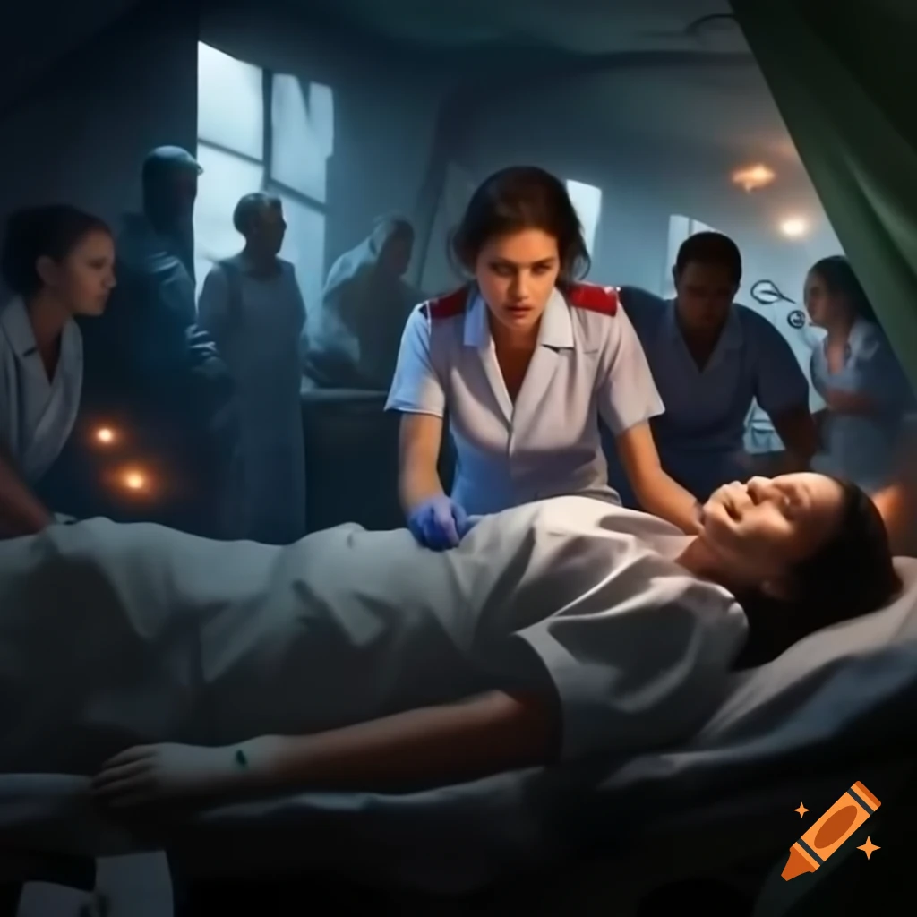 Nurse tending to wounded soldier in chaotic battlefield hospital on Craiyon