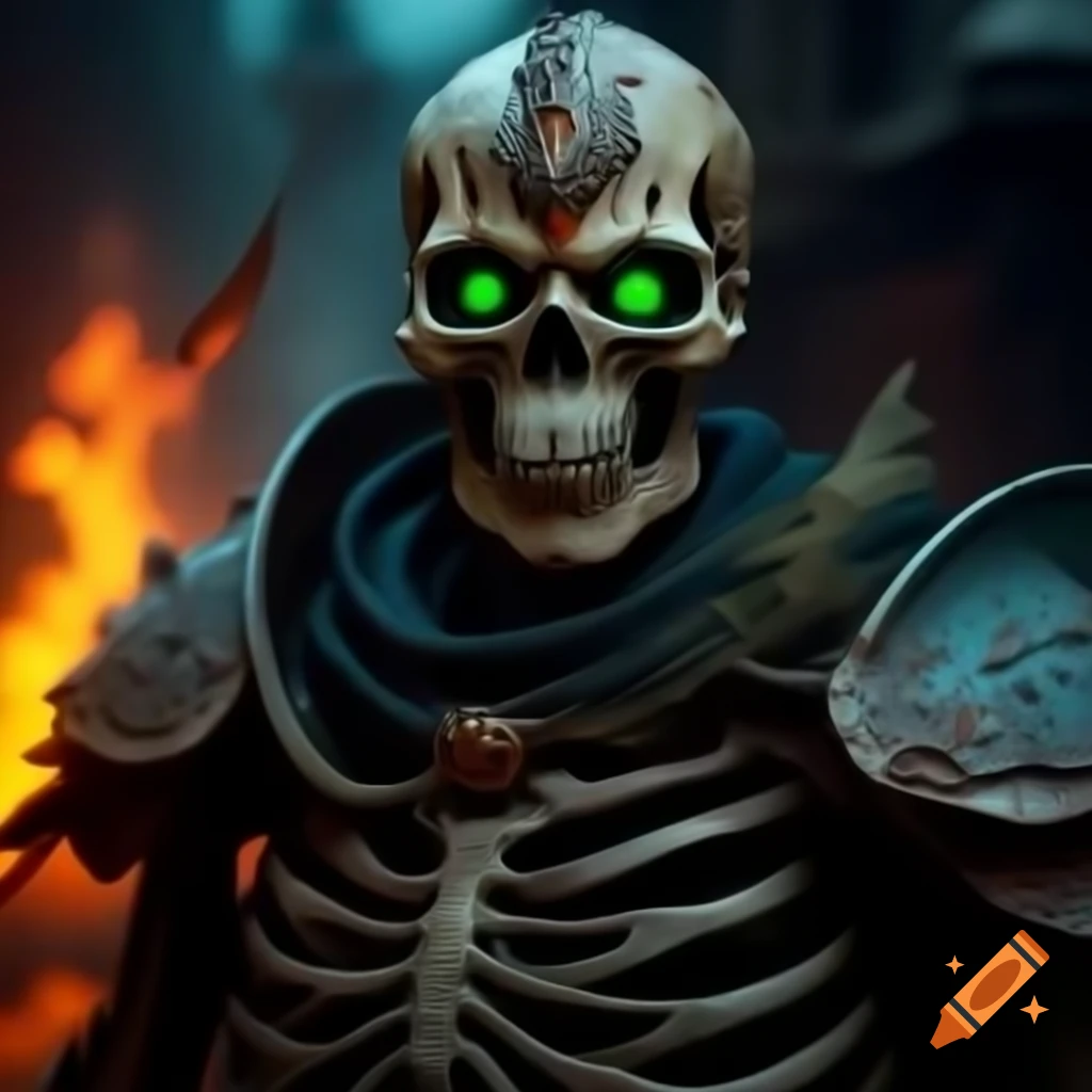 Dark fantasy skeleton in weathered armor with glowing green eyes and ...