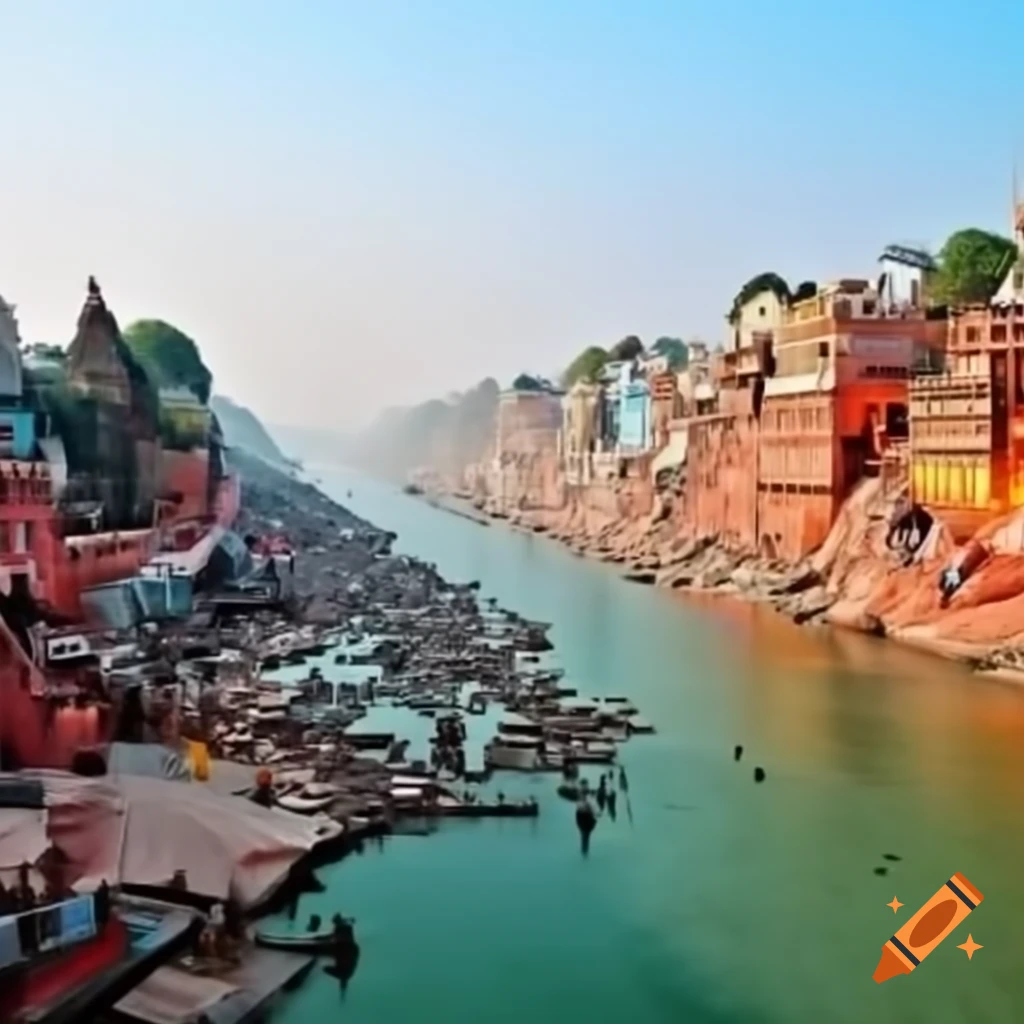 Serene riverside village in North India along Ganges River with temples ...