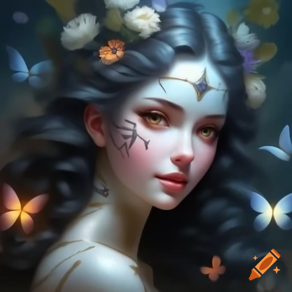Portrait of a white goddess with glowing black hair and flowers ...