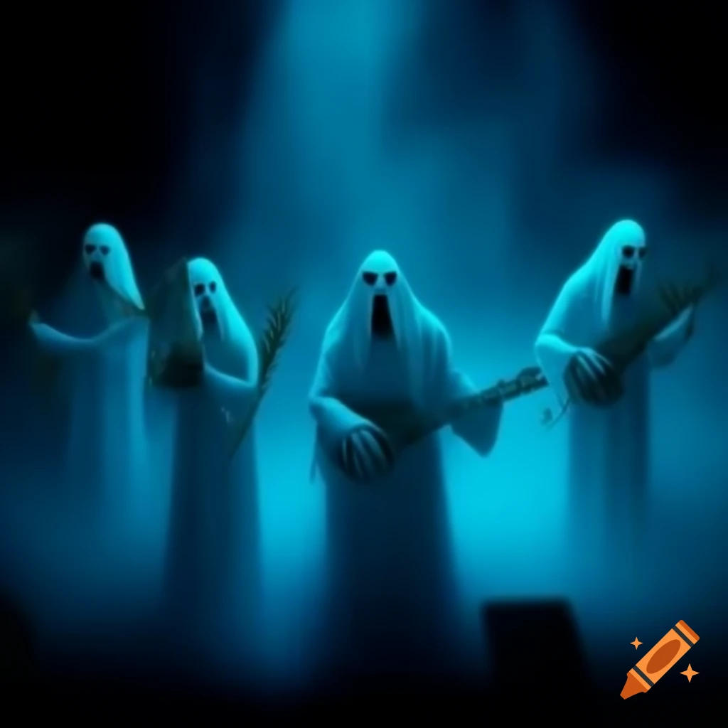 Ghostly spectral figures playing instruments on stage in neon fog on ...