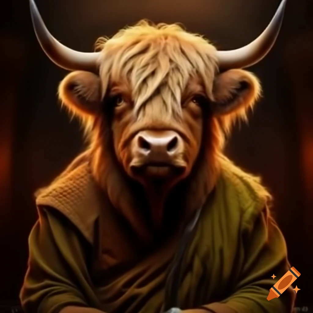Highland cow minotaur monk wearing green robes on Craiyon