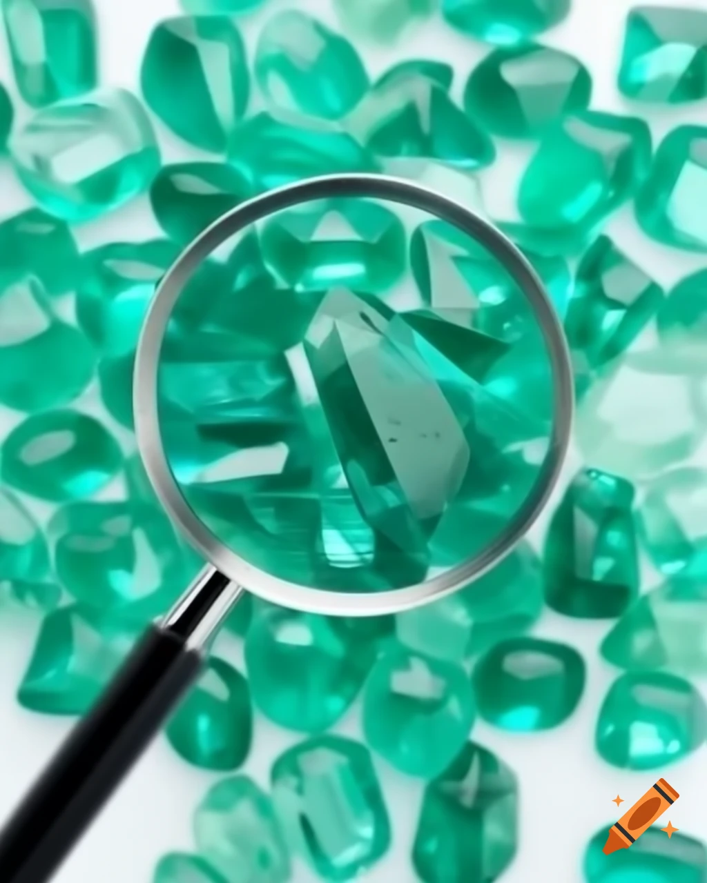Magnifying glass and tweezers examining emerald-shaped crystals on Craiyon
