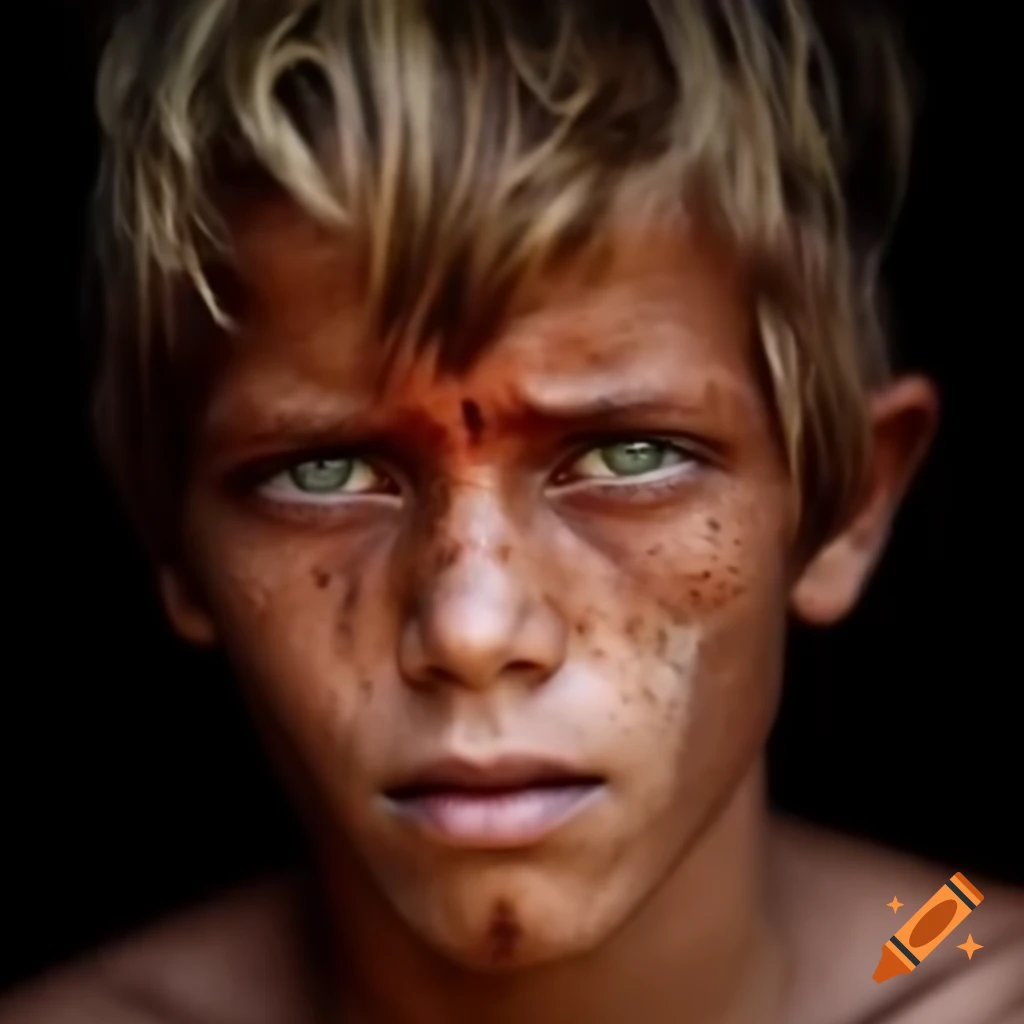 Young male model with red-blonde curly hair crying, illuminated by ...