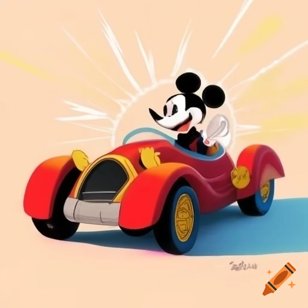 Cartoonish Mickey Mouse driving colorful vintage car with bold lines on ...