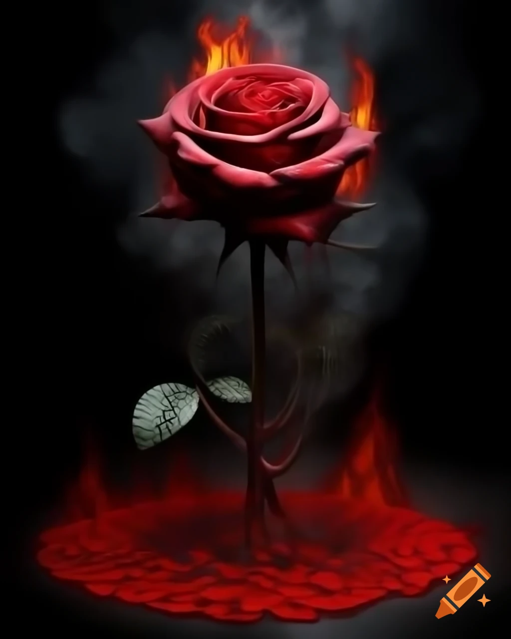 Elegant long red rose with vine on canvas, tall and vivid on Craiyon