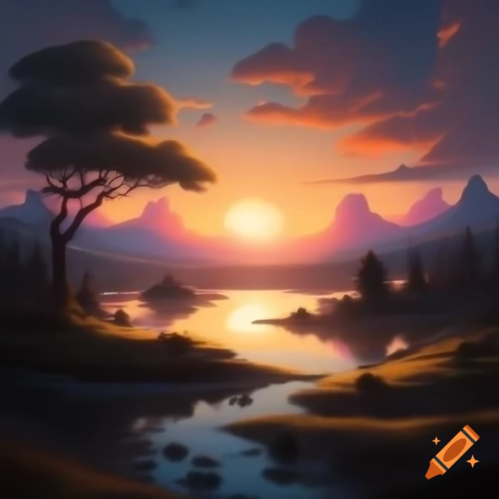 Serene sunset landscape with calm lake and lush green trees on Craiyon