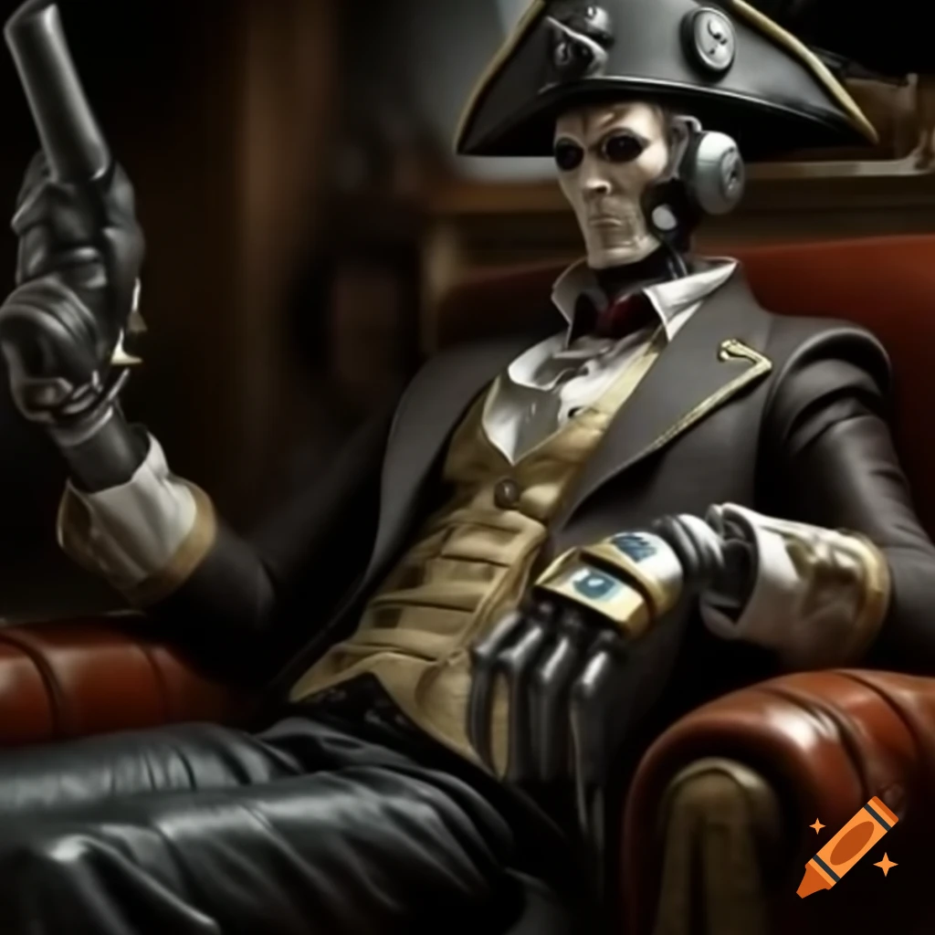 Dapper robot in tailored power suit and pirate hat striking a stylish ...