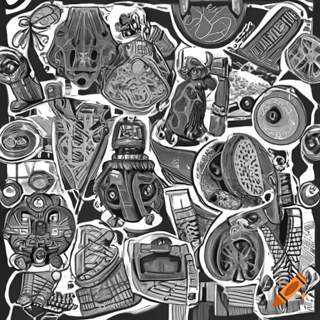 Intricate artifact illustrations in detailed ink pen style reminiscent ...