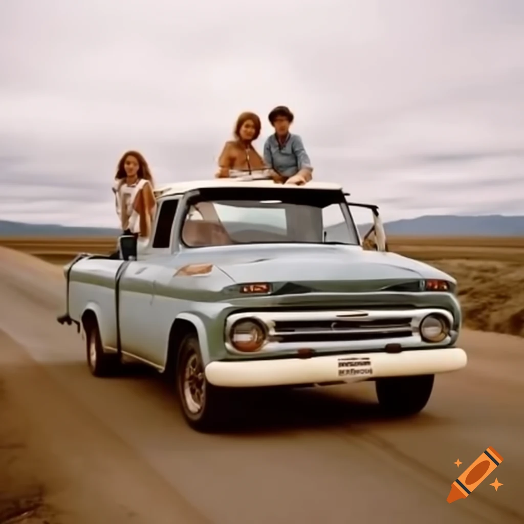 Group in 1960 Chevy Apache driving on country road on Craiyon