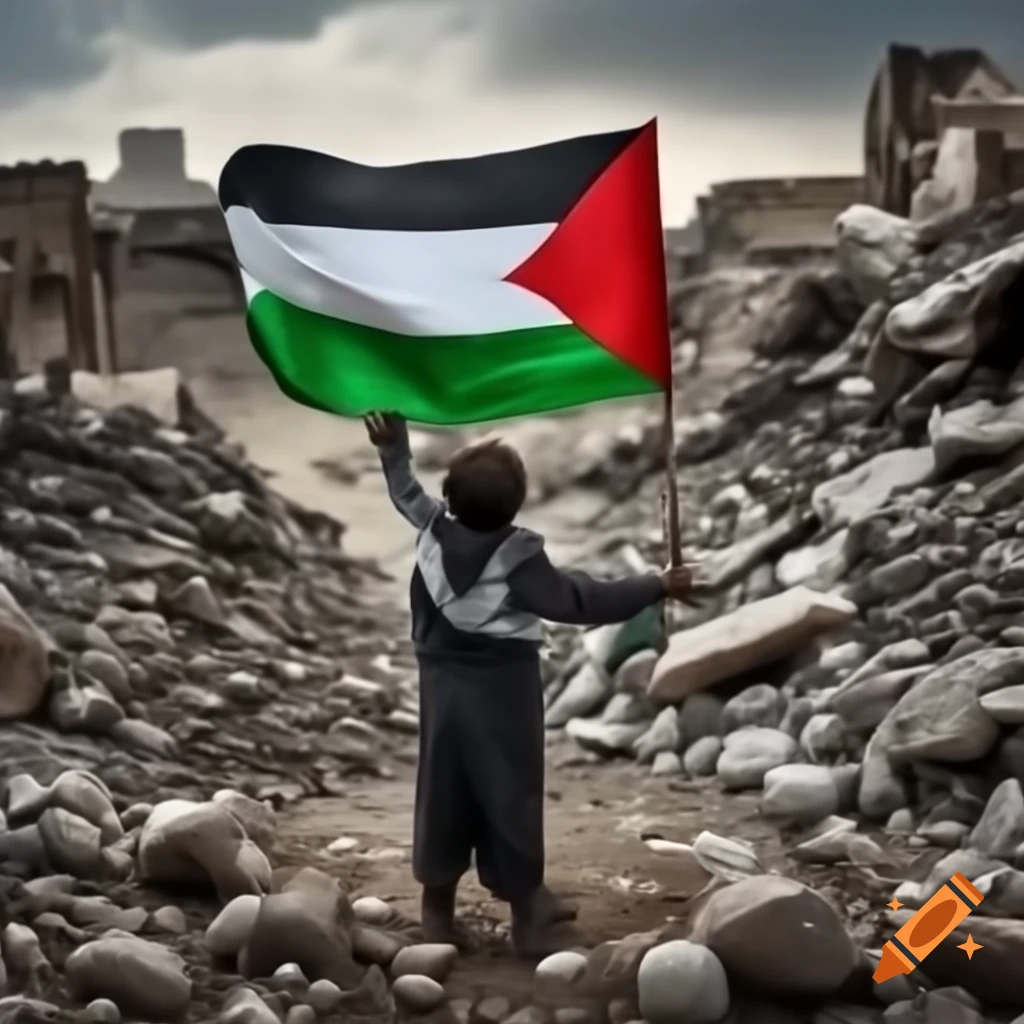 Realistic portrayal of a Palestinian boy holding a flag in a war-torn ...