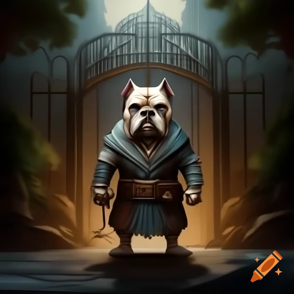 Wizard bulldog guarding a large locked gate on Craiyon