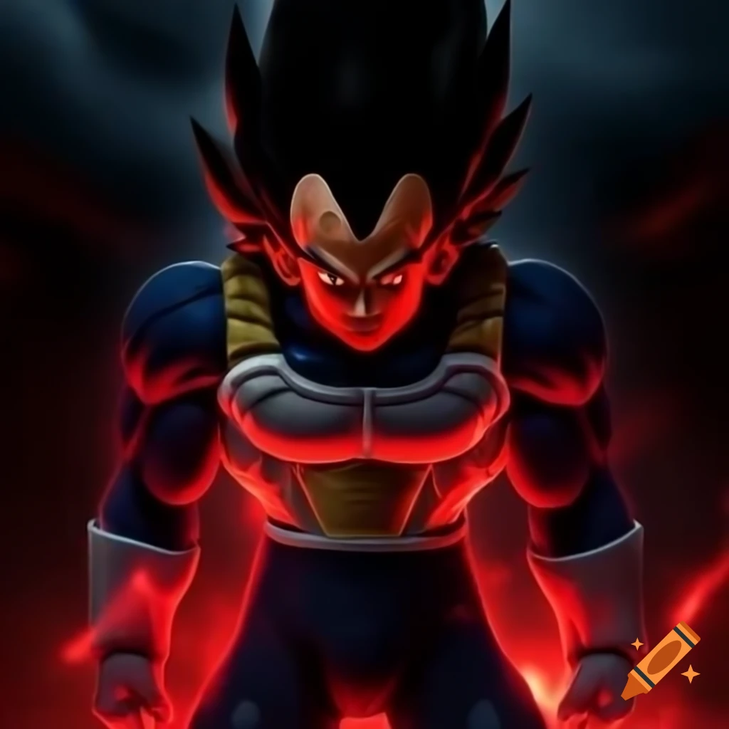 Cinematic ultrarealistic character resembling Vegeta with red eyes in ...