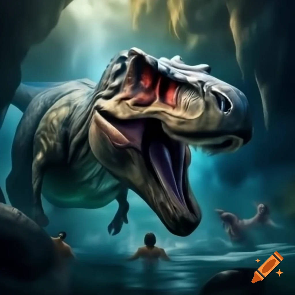 T-Rex with red eyes swimming in illuminated cave with people on Craiyon