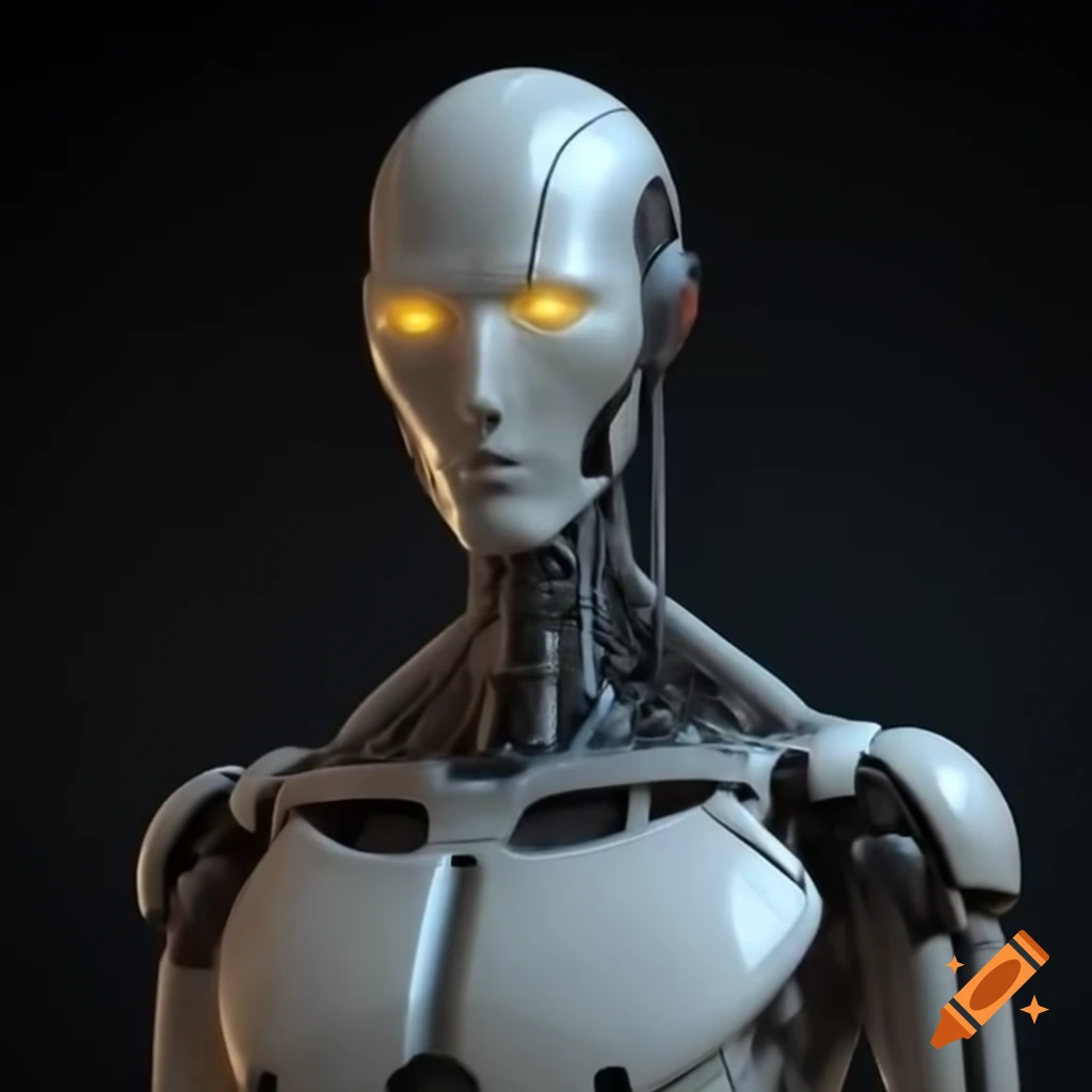 Slim silver robot with glowing yellow eyes wearing a white tunic over ...