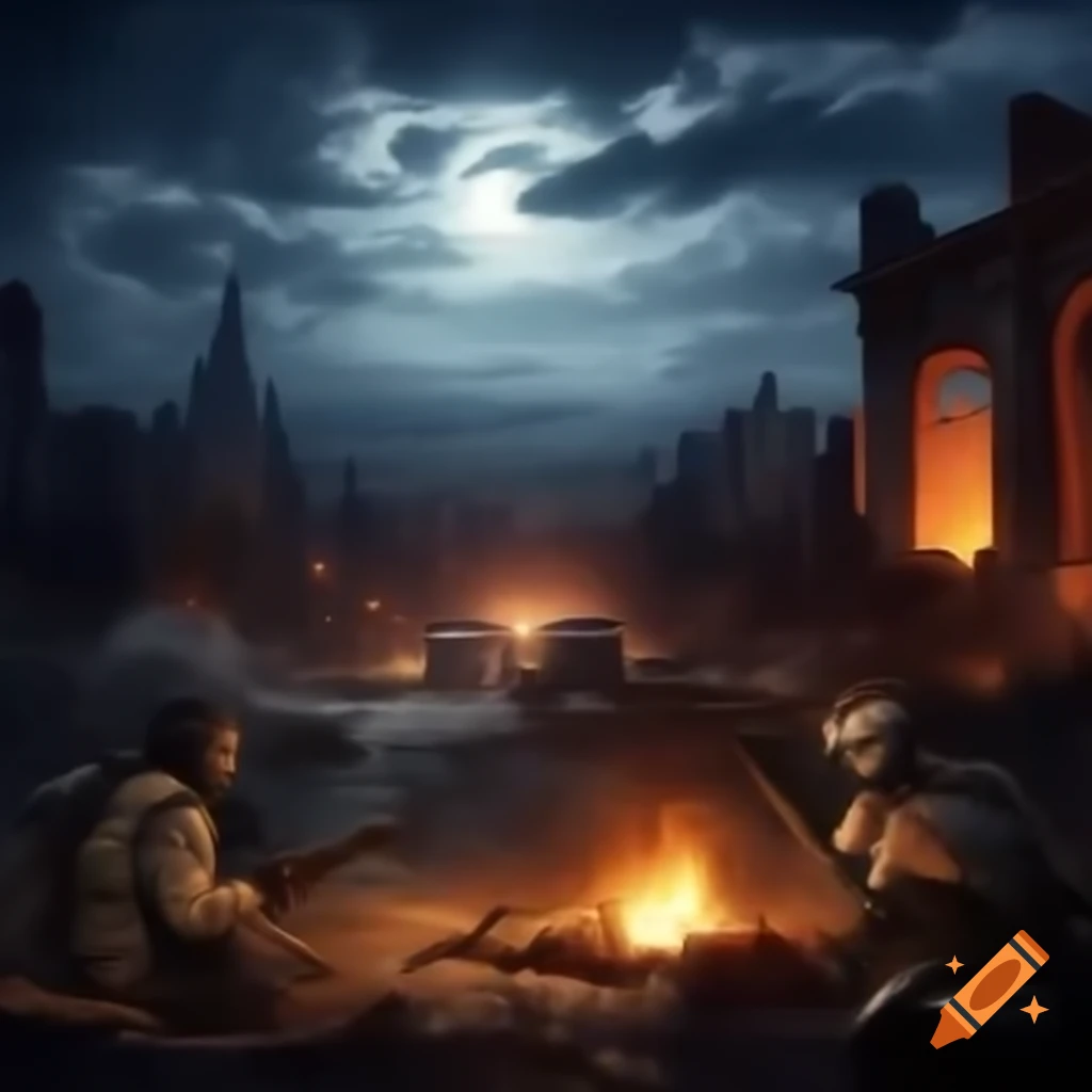 Post-apocalyptic night scene with ruined city, full moon, and survivor ...