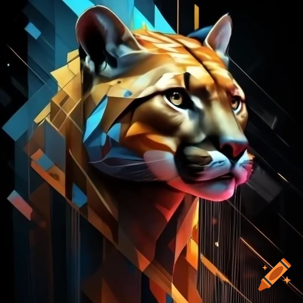 Geometric golden puma in neon colors on vibrant canvas on Craiyon