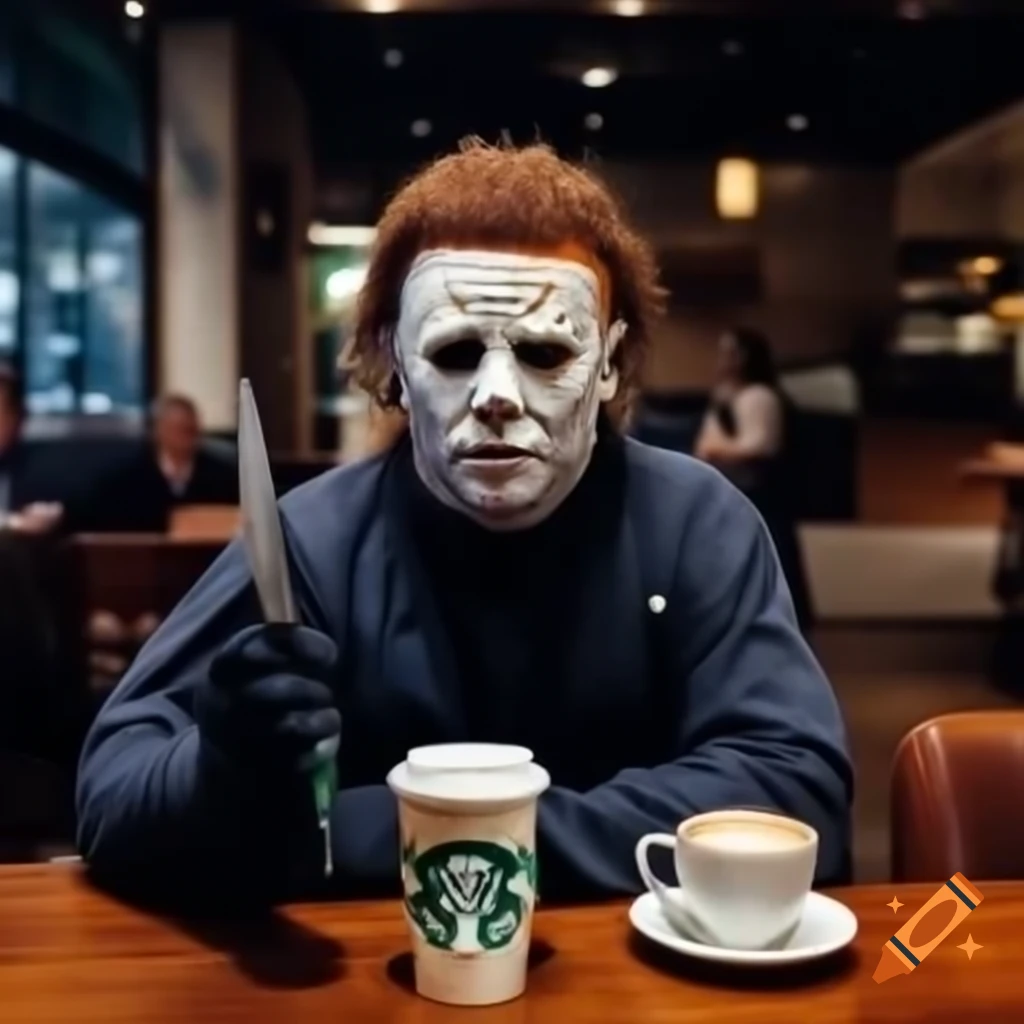 Michael Myers with knife at table enjoying Starbucks coffee on Craiyon