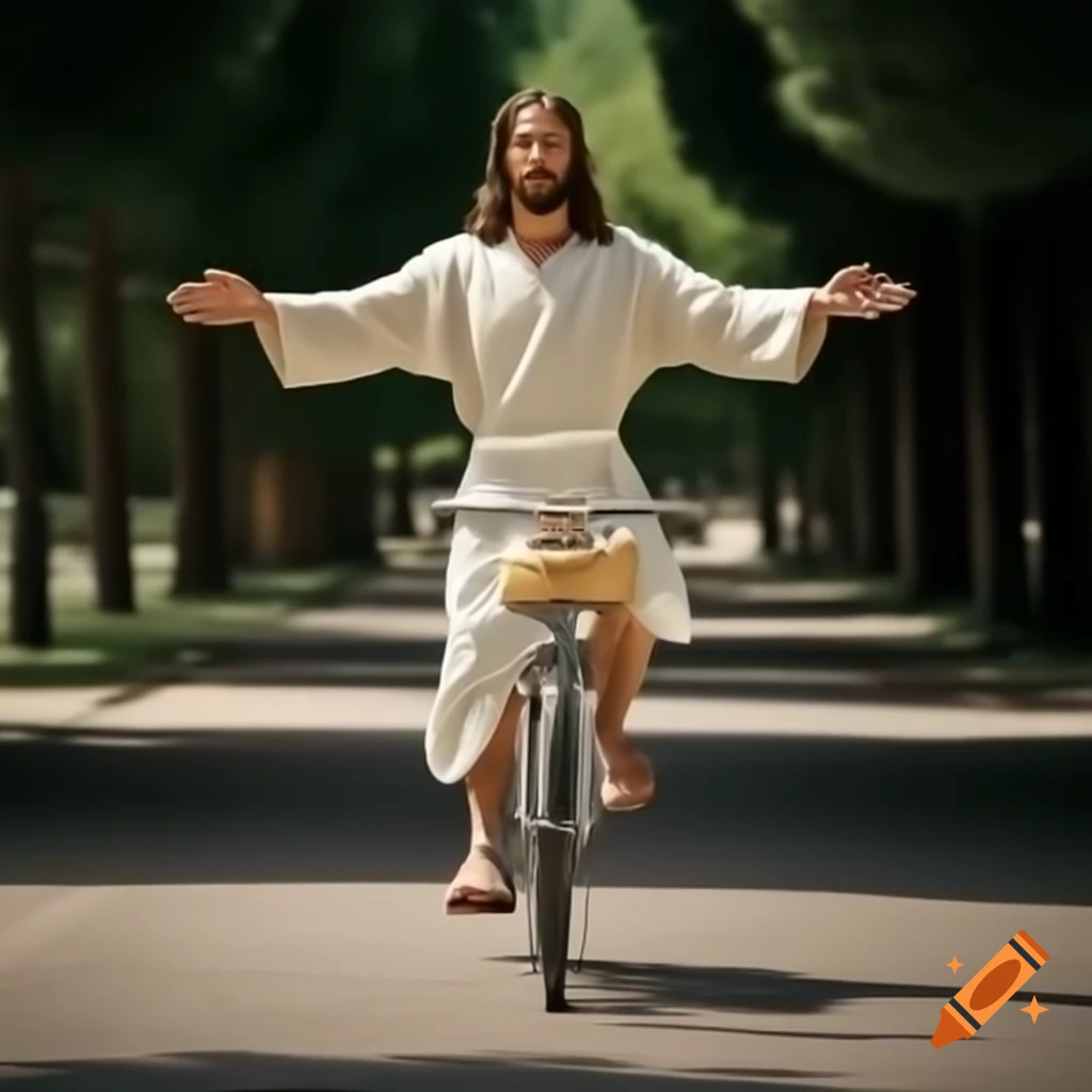 Jesus christ riding a bicycle in a beautiful park setting on Craiyon