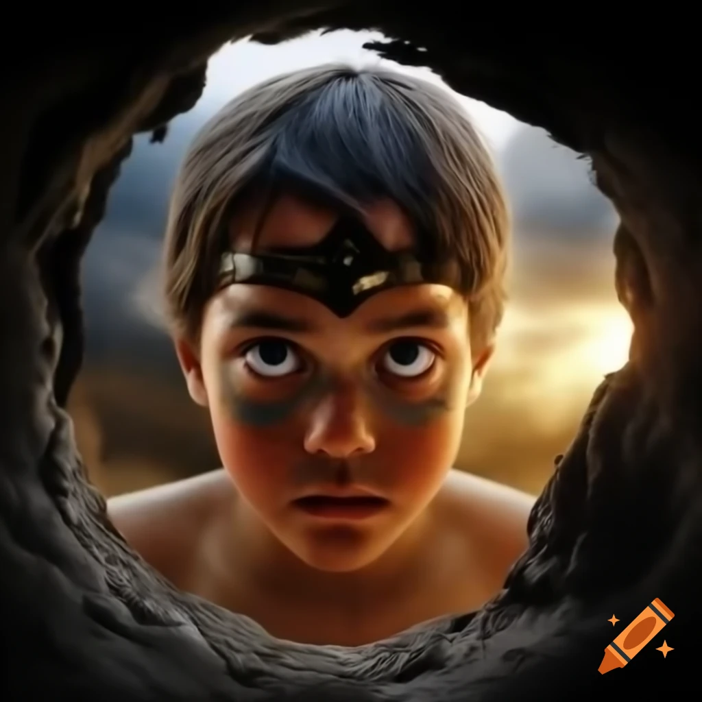 Close-up of boy's face showing wonder and fear, sunlight casting ...