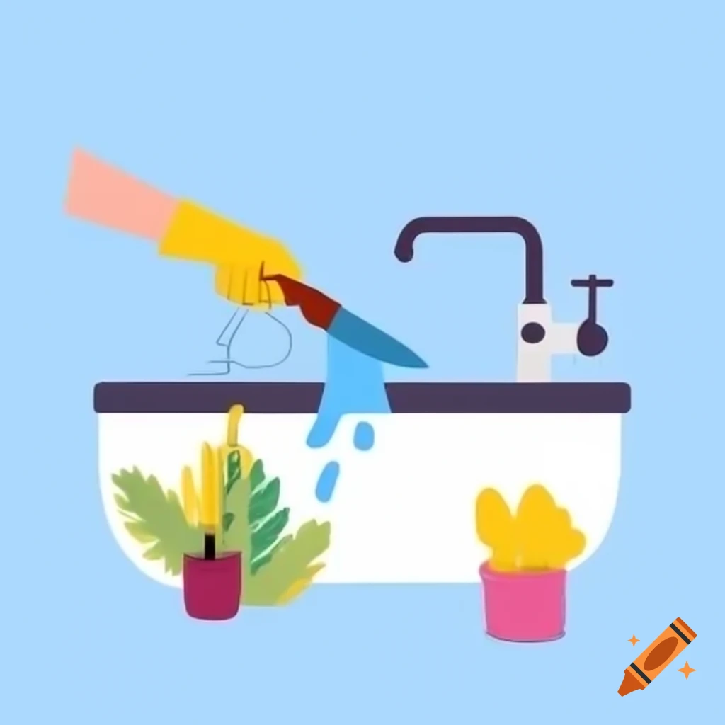 Person cleaning kitchen knife in sink with running water and sponge on ...