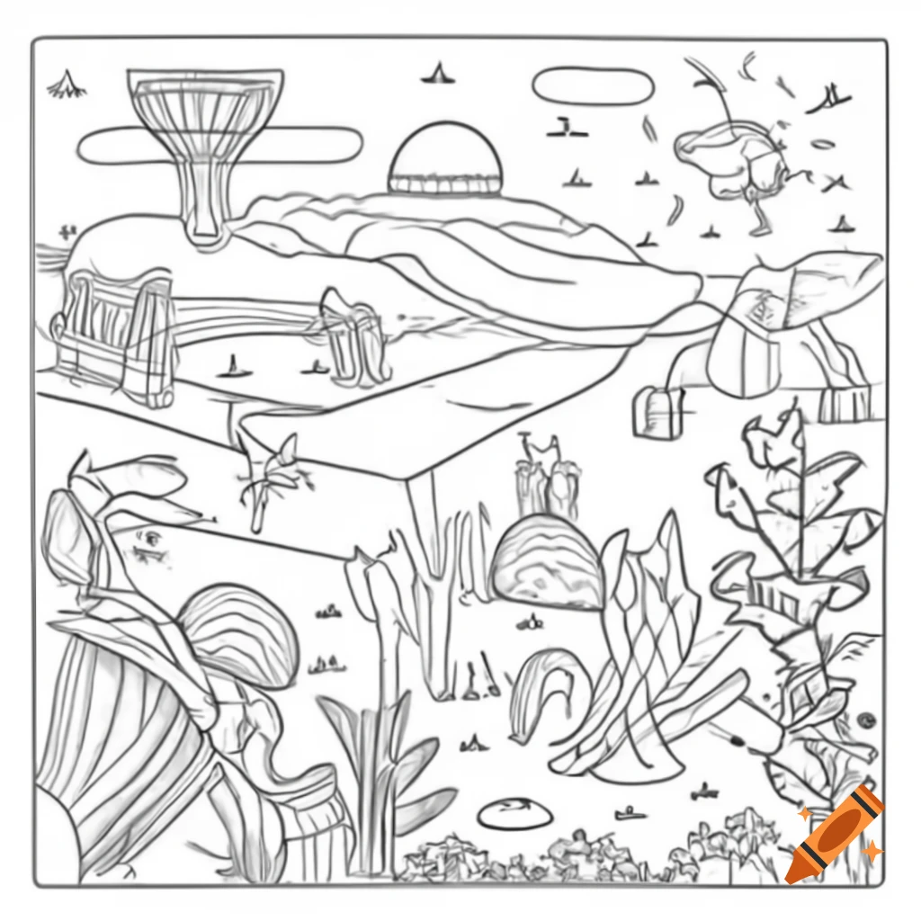 Imaginary landscape with plants and alien creatures, coloring book ...