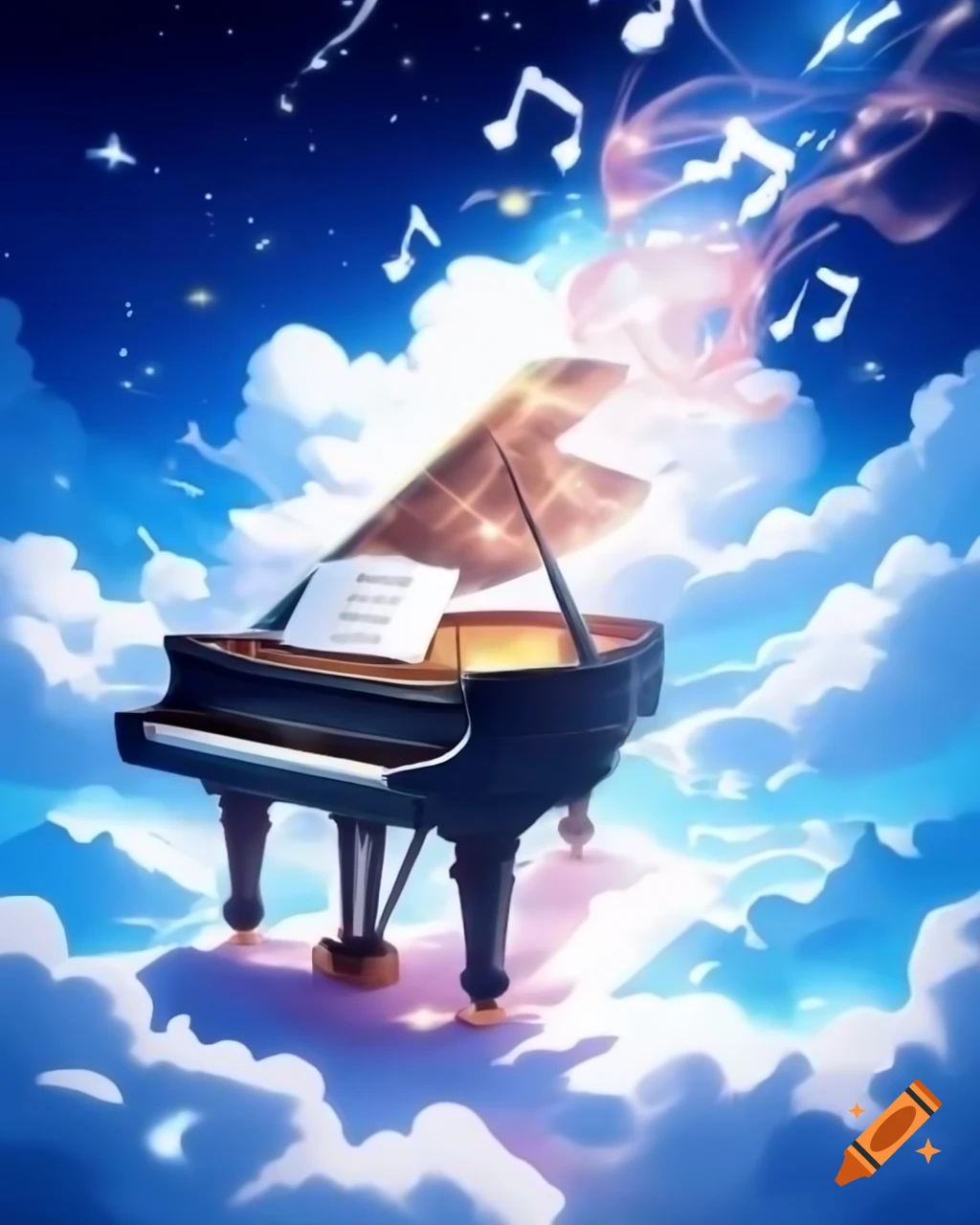 Grand piano with musical notes and dreamy background of clouds and ...
