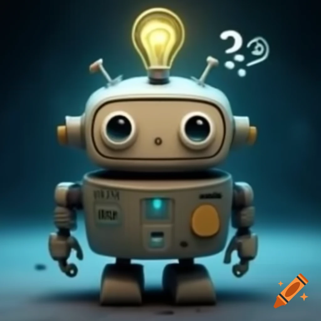 Cute robot with lightbulb representing thinking and learning on Craiyon