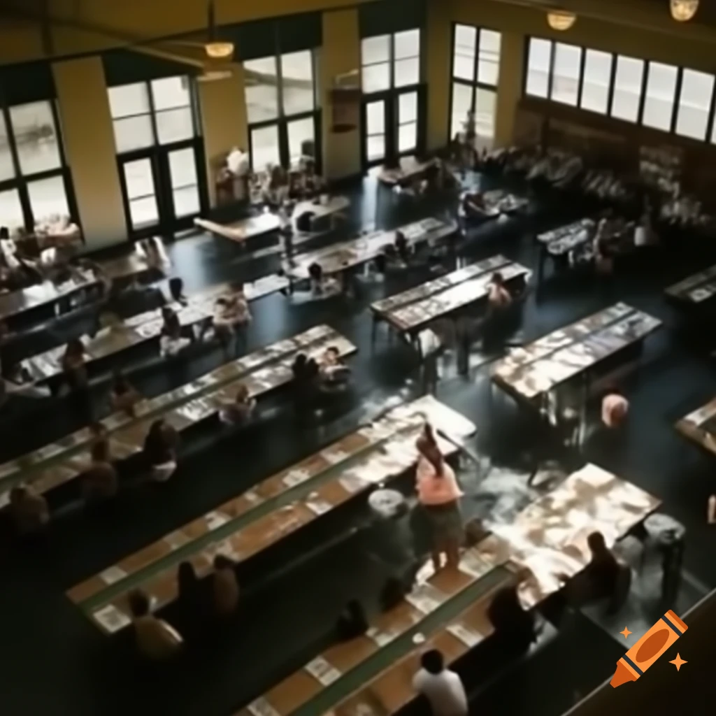 Lively school cafeteria filled with students, sunlight illuminating lunch tables on Craiyon