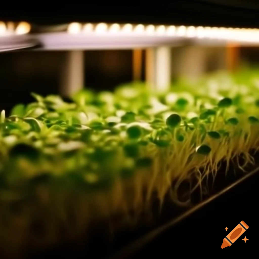 Detailed high-resolution image of microgreens farm with growing racks ...