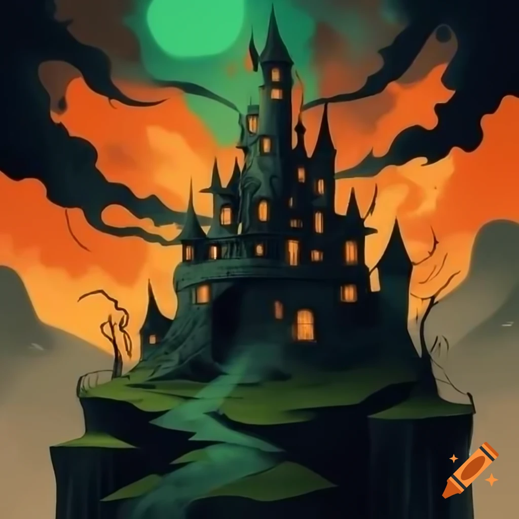 Spooky castle on cliff in cartoon style with smoky orange, green, black ...