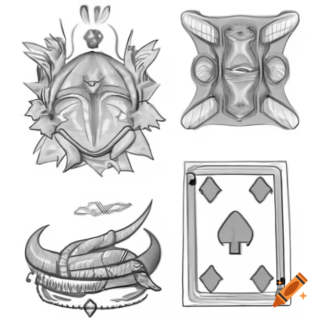 Intricate artifact illustrations for card game in detailed ink pen ...