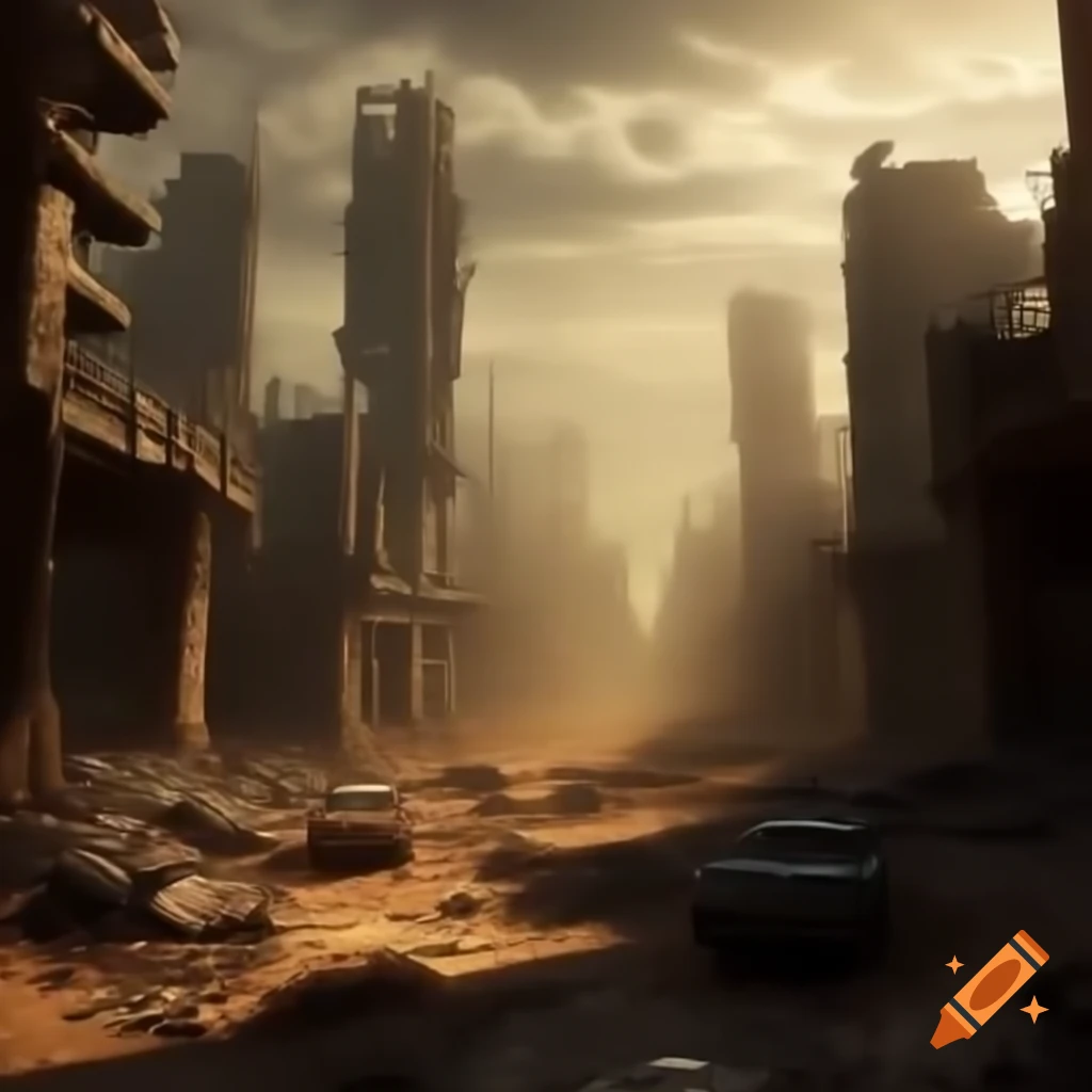 Post-apocalyptic cityscape merging with desolate desert landscape ...