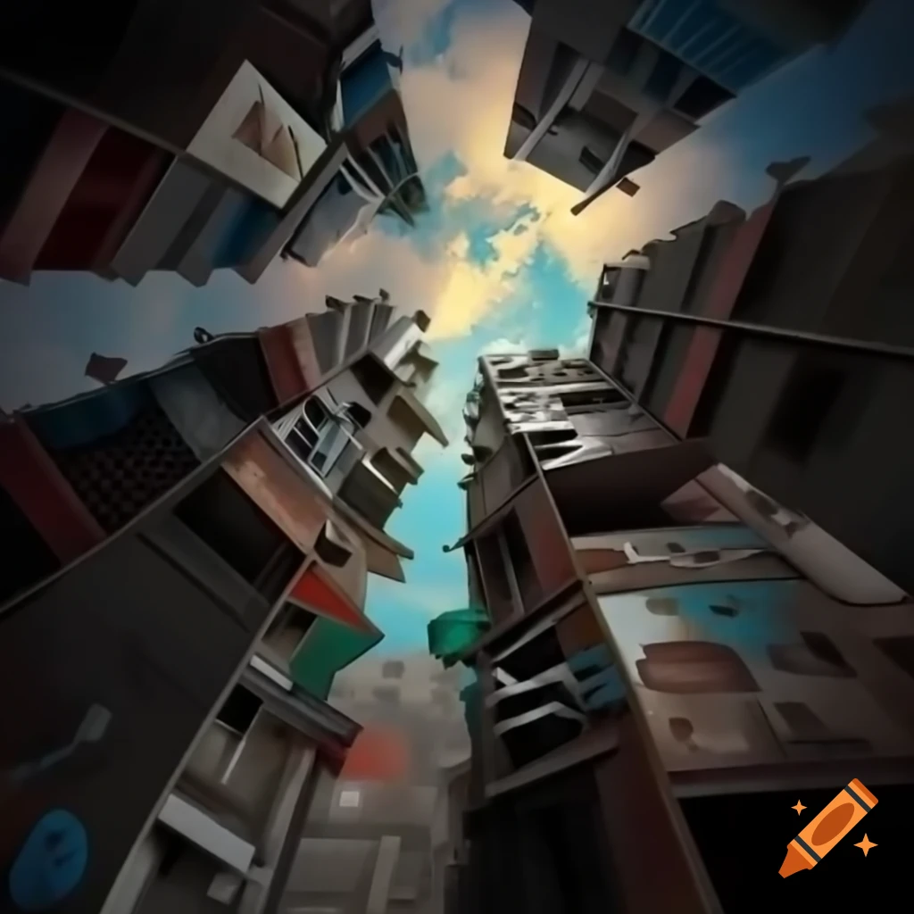 Fisheye aerial view of 90s rap-inspired neighborhood with vibrant ...