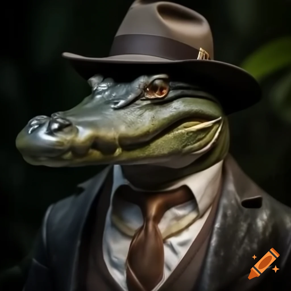 Sophisticated alligator in fedora and jewels, striking confident pose ...