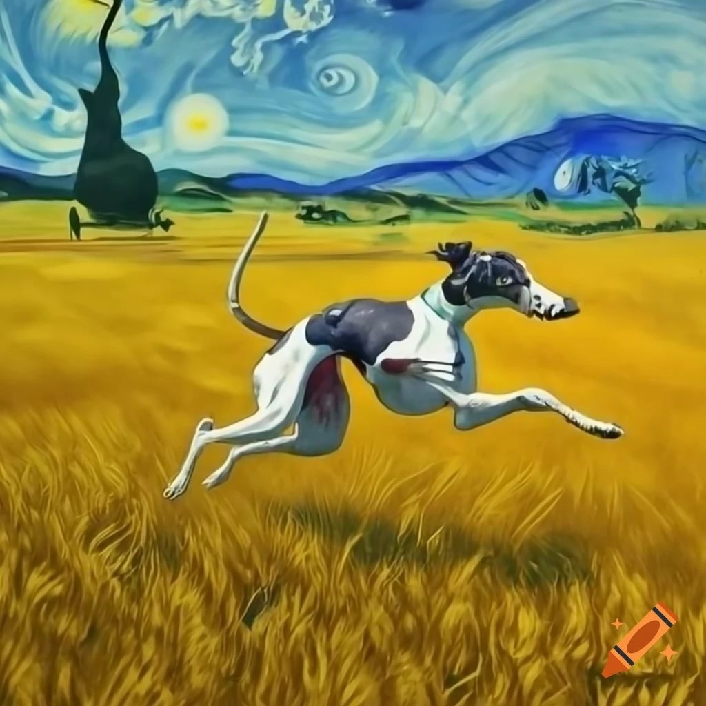 Greyhound running in wheat field in Van Gogh style on Craiyon
