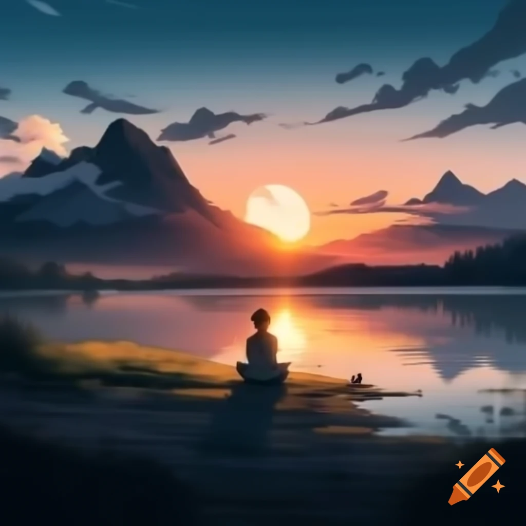Breathtaking sunset over lake with mountains and character meditating ...