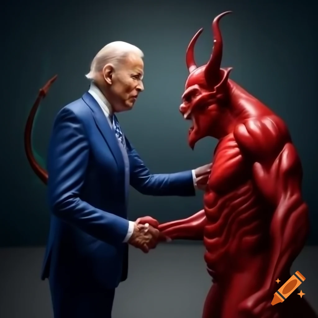 Joe Biden shaking hands with a fictional devil character in ...