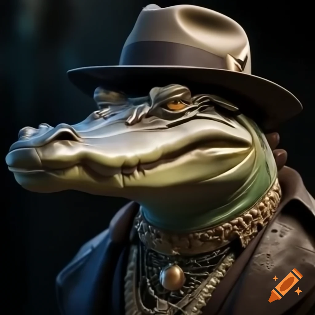 Dapper alligator in fedora and jewelry posing for a detailed portrait ...