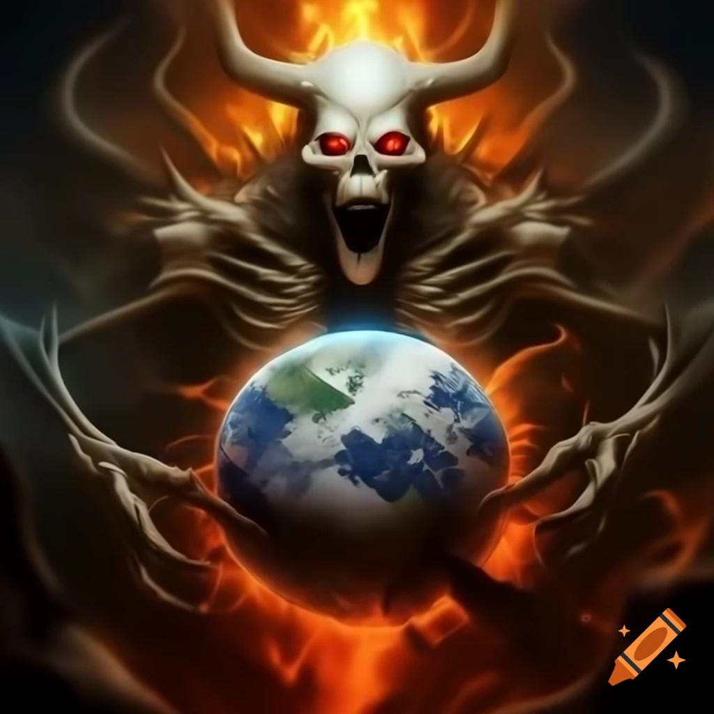 Skeletal demon holding glowing earth amid swirling galaxy of stars and ...