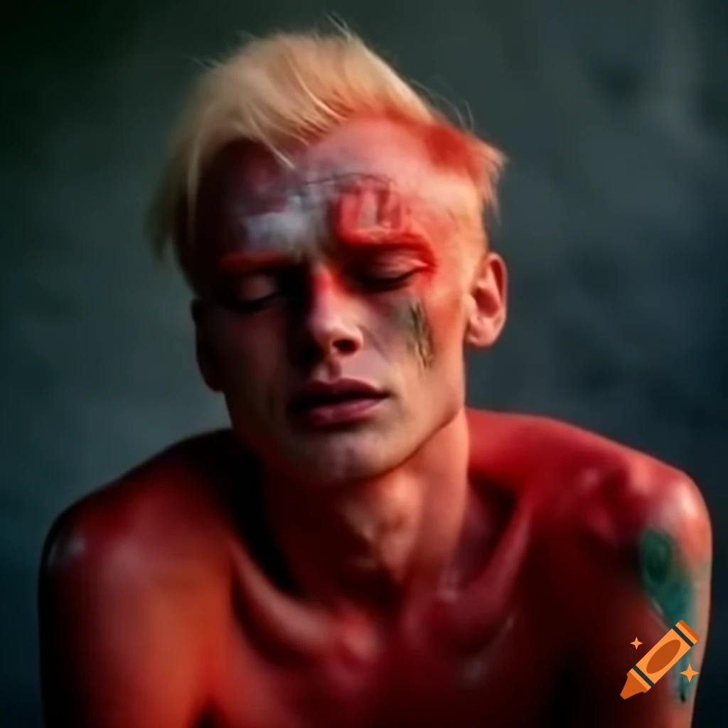 Young red-blonde male model crying with light reflections from flames ...