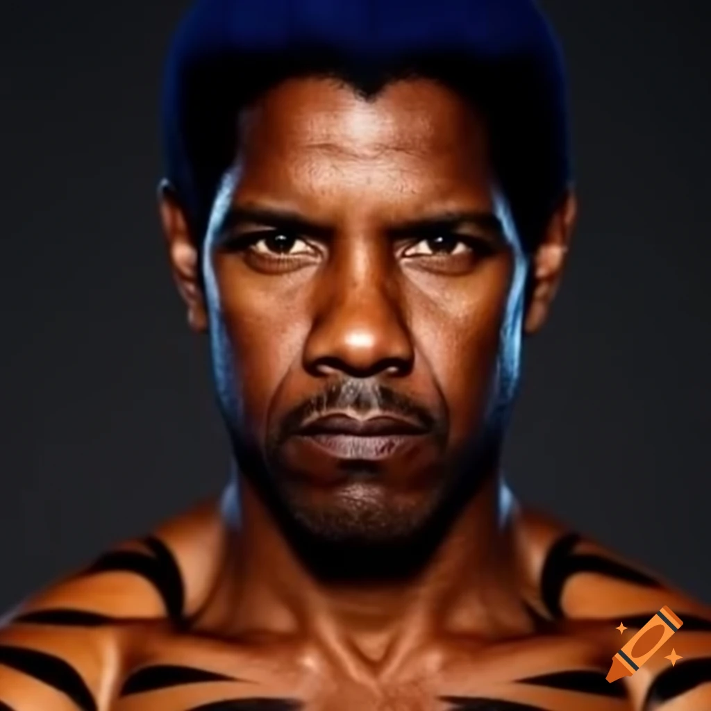 Muscular person with tiger-style makeup featuring blue hair and orange ...