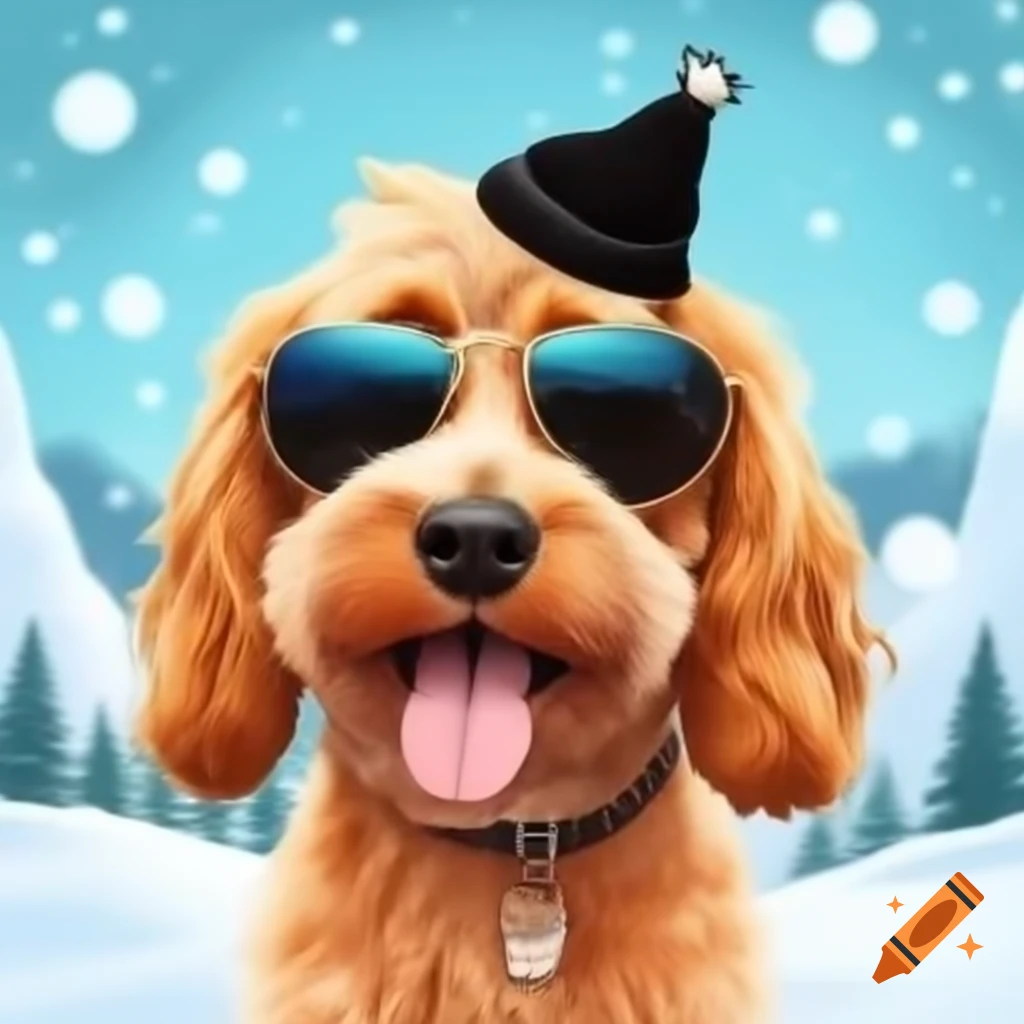 Ginger cockapoo wearing black hat and aviator sunglasses in snowy ...