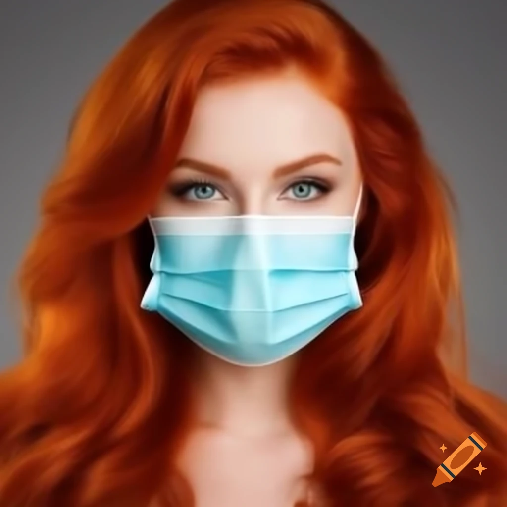 Beautiful red-haired woman wearing stylish surgical mask on Craiyon
