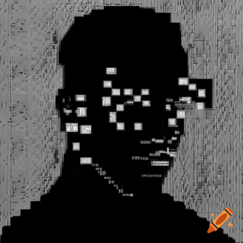 Abstract pixelated silhouette portrait of a man with sad mask in black ...