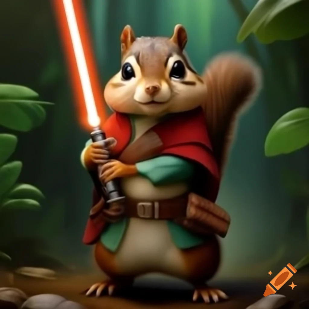 Chipmunk in medieval robes holding orange lightsaber in jungle ...
