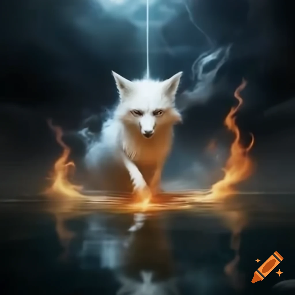 Thirteen-tailed kitsune observing mesmerizing fire dance in a dreamlike ...